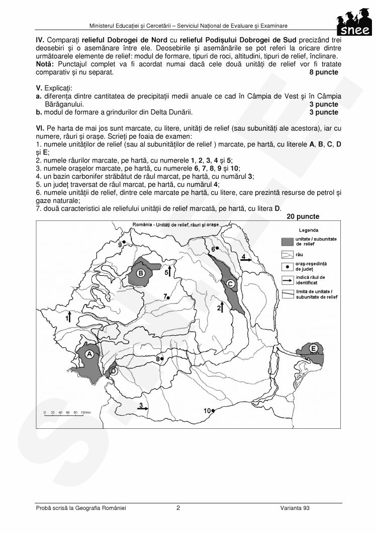 Subiecte examen Teste Nationale 2007 - Geografia Romaniei - varianta 93 bac